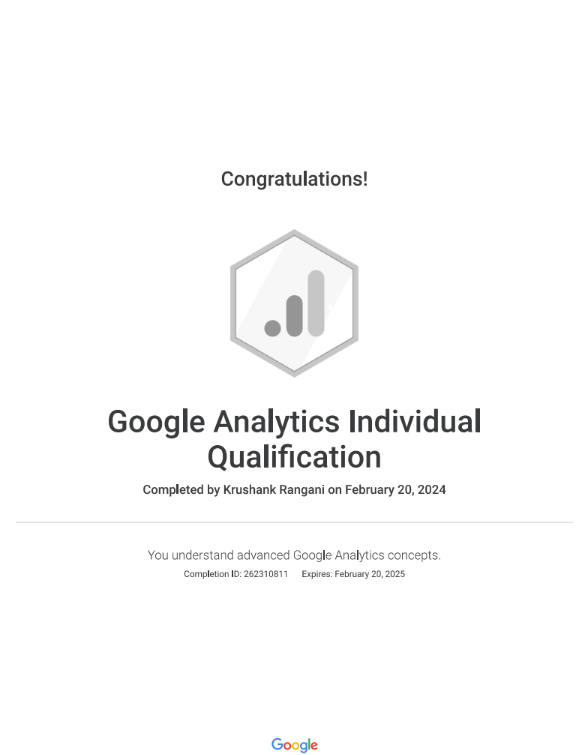 Certificates | Krushank Rangani