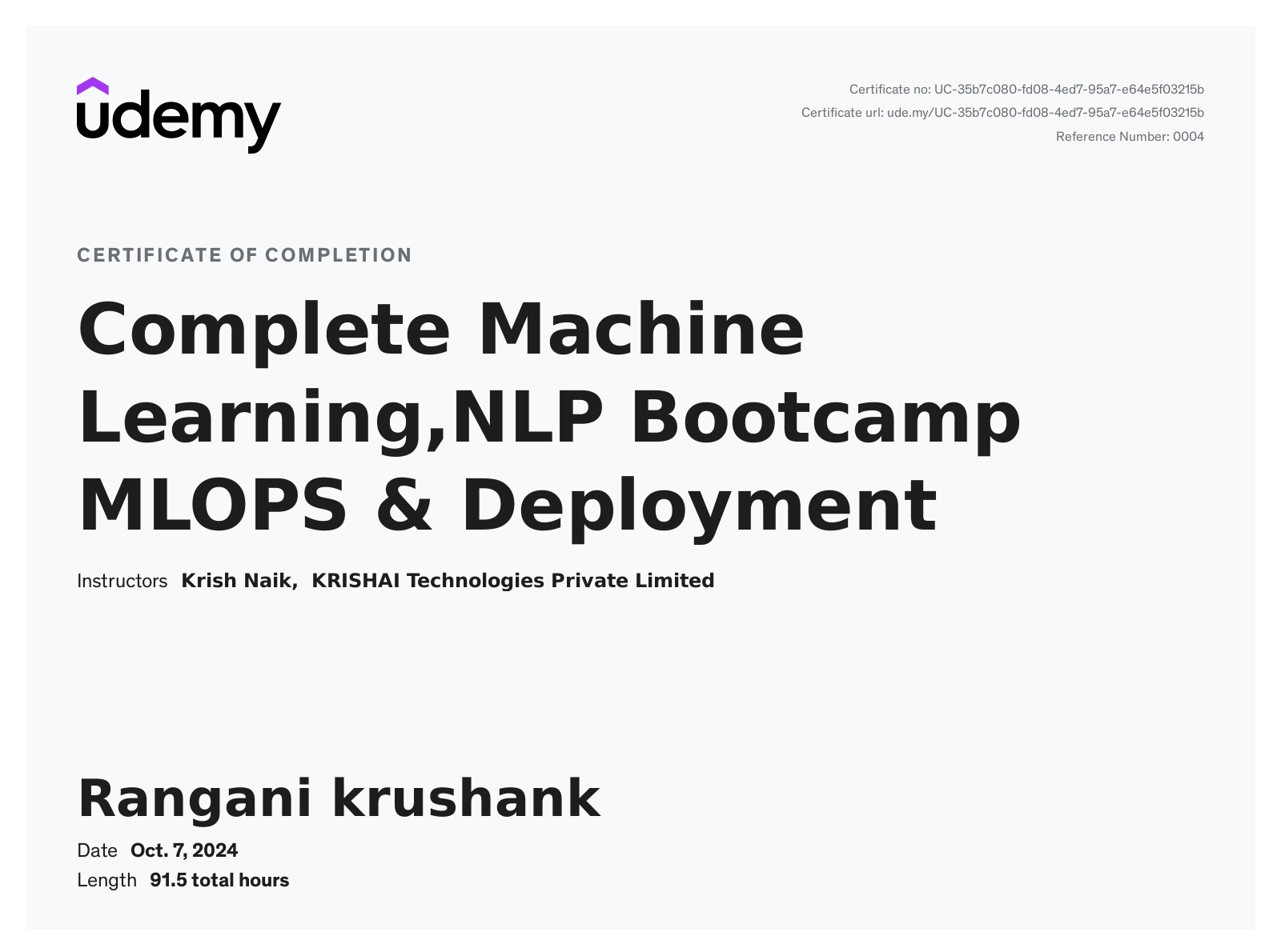 Certificates | Krushank Rangani